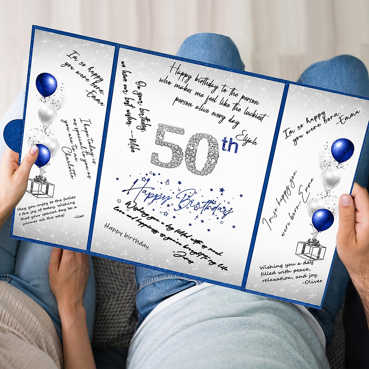 Crenics 50th Birthday Decorations for Men or Women, Creative 50th Birthday Guest Book Alternative, Blue and Silver 50 Birthday Signature Book 18 x 12 inch, Great 50th Birthday Gifts