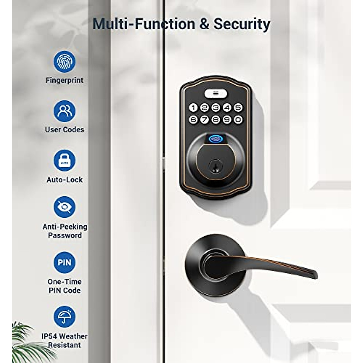 Veise Fingerprint Door Lock with 2 Lever Handles - Keyless Entry Door Lock, Electronic Keypad Deadbolt & Front Door Lock Handle Sets, Auto Lock & 1 Touch Locking, Easy Installation, Oil Rubbed Bronze