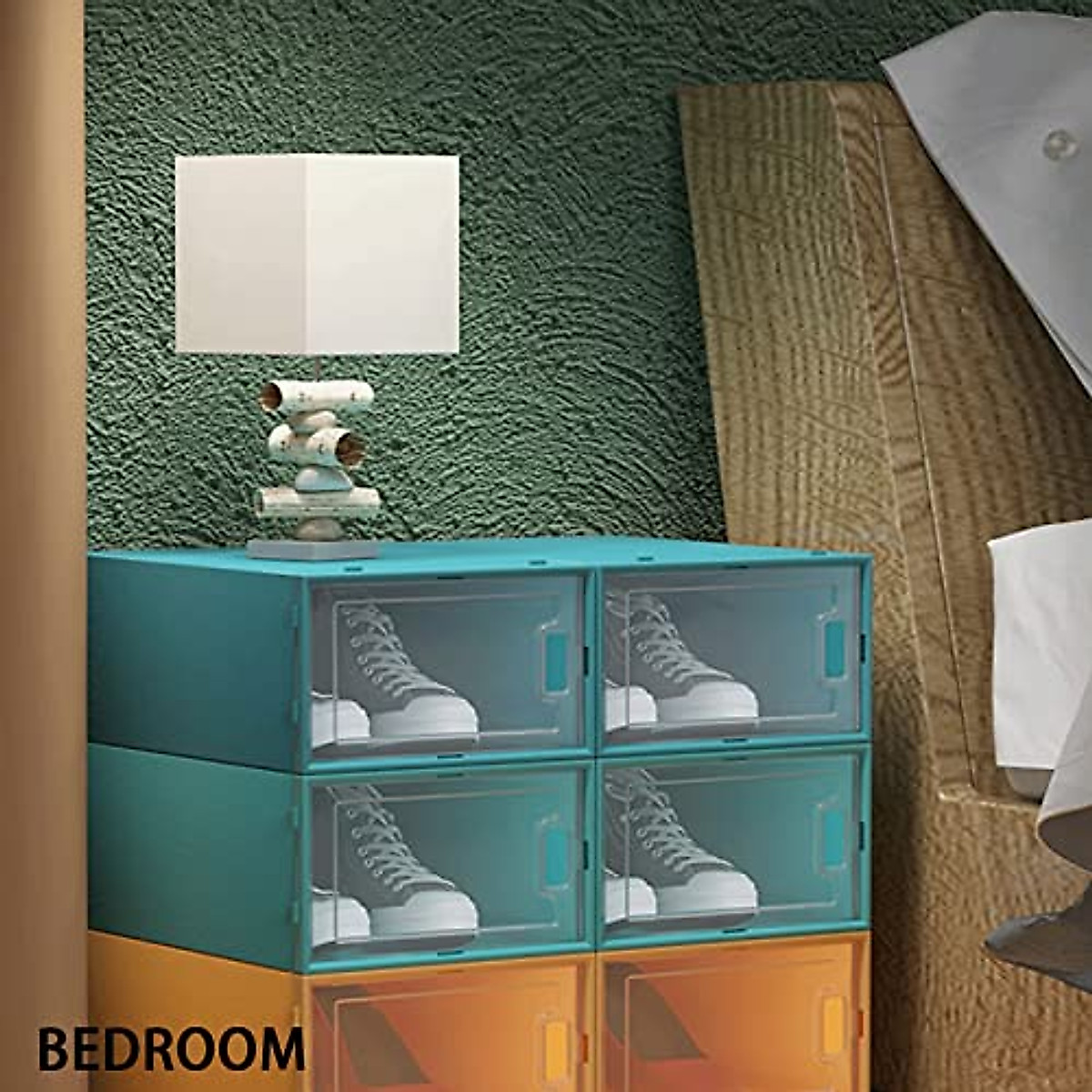 VONIKKU 12 Pack Shoe Storage Boxes, Clear Plastic Shoe Containers Bins with Lids, Stackable Foldable Drop Front Space Saving Shoe Organizer boxes for Closet, Bedroom, Bathroom (White)