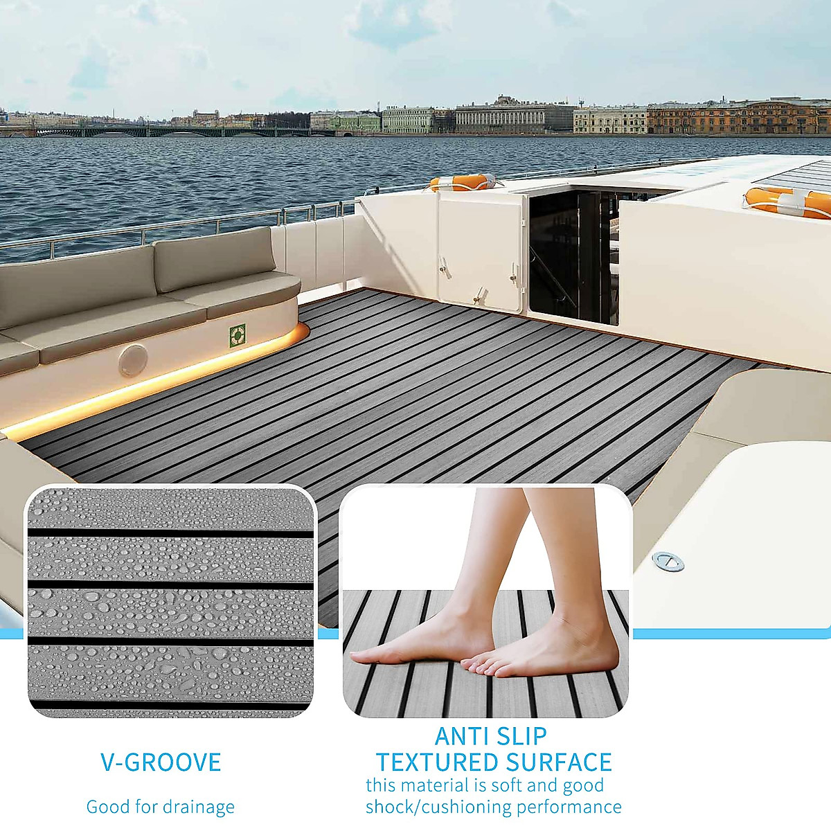 Boat Flooring EVA Foam Faux Teak Marine Mat Self-Adhesive Decking Sheet Non Slip Carpet for Motorboat RV Yacht Kayak Surfboard Deckinging (35in x 94in Grey with Black Seam Lines)