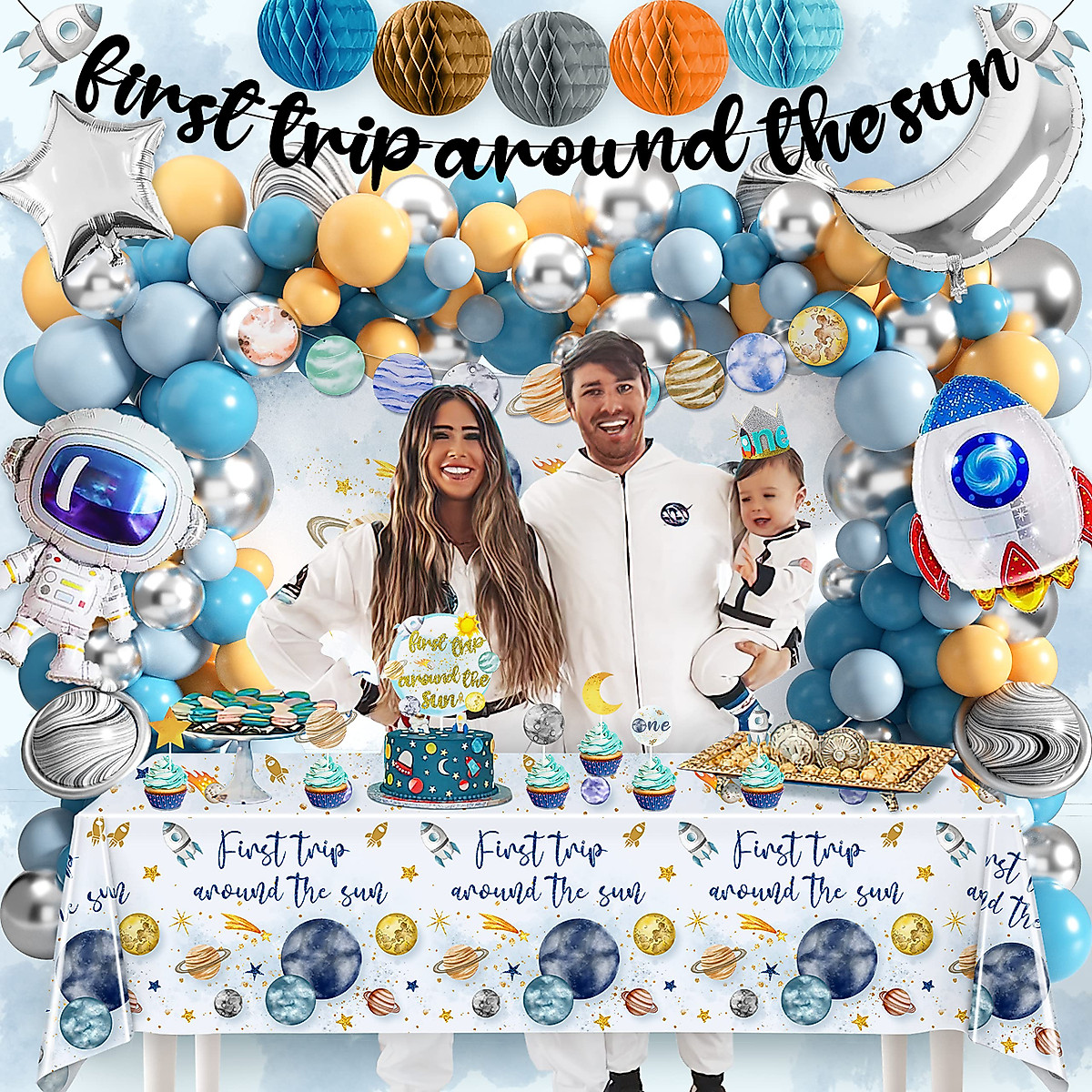 First Trip Around The Sun Birthday Party Decoration Pack, 1st Baby Shower Space Birthday Party Supplies Including Banner, Backdrop, Garland, Tablecloth, Felt Hat, Honeycomb, Cake Toppers, Latex and