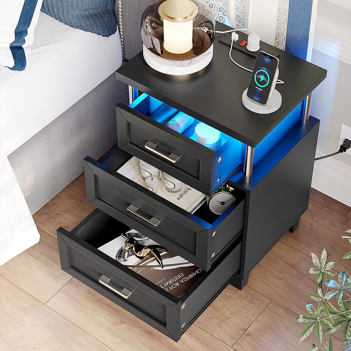 VIAGDO Black Nightstand Set of 2, LED Night Stand Set 2 with Charging Station, Modern Nightstand with 3 Drawers, Vintage Bedside Tables, End Side Table with Storage for Bedroom, Office