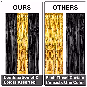 PIGETALE, 2 Pack 3.2x8.2 Feet Black and Gold Tinsel Backdrop Party Decorations, Foil Fringe Curtains Backdrop for Birthday Graduation Wedding Engagement Bridal