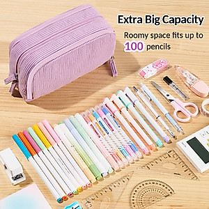 Sooez Big Capacity Pencil Case Pen Pouch, Soft Corduroy Pencil Bag with 3 Compartment, Multiple Pockets, Sturdy Zipper, Cute School Supplies Pen Bag Organizer For Teen Girls College