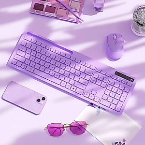 Keyboard and Mouse Wireless, Vivefox Wireless Keyboard with Phone Holder USB A & Type C Receiver Cute Keyboard and Mouse Compatible for Windows, Mac, MacBook/Air/Pro Computer (Purple)