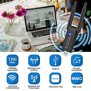 1300Mbps USB WiFi Adapter, Leguwu USB 3.0 Dual Band 5GHz/2.4GHz Wireless Network Adapter with High Gain Antennas, MU-MIMO WiFi Dongle for Computer Gaming, Supports Windows & Mac OS