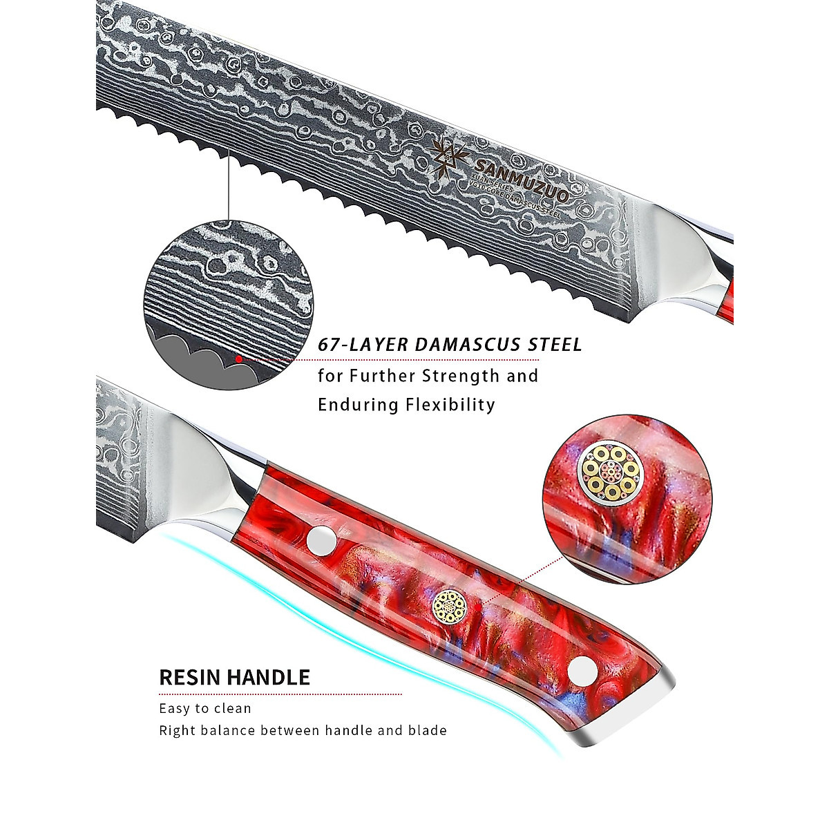 SANMUZUO 8” Bread Knife Serrated Kitchen Chef Knife - Damascus Steel & Resin Handle - Xuan Series (Sunset Red)