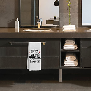 Voatok Happy Camper Camping Hand Towels Kitchen Towels Dish Towels,Cartoon RV Camping Decor Towels,Campers Camping Lovers Adventurers Men Gifts