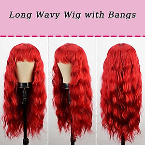 andromeda Red Wig with Bangs Soft Long Wavy Wigs for Women Curly Synthetic Wig Replacement Halloween Costumes Cosplay Party Wigs (Red)