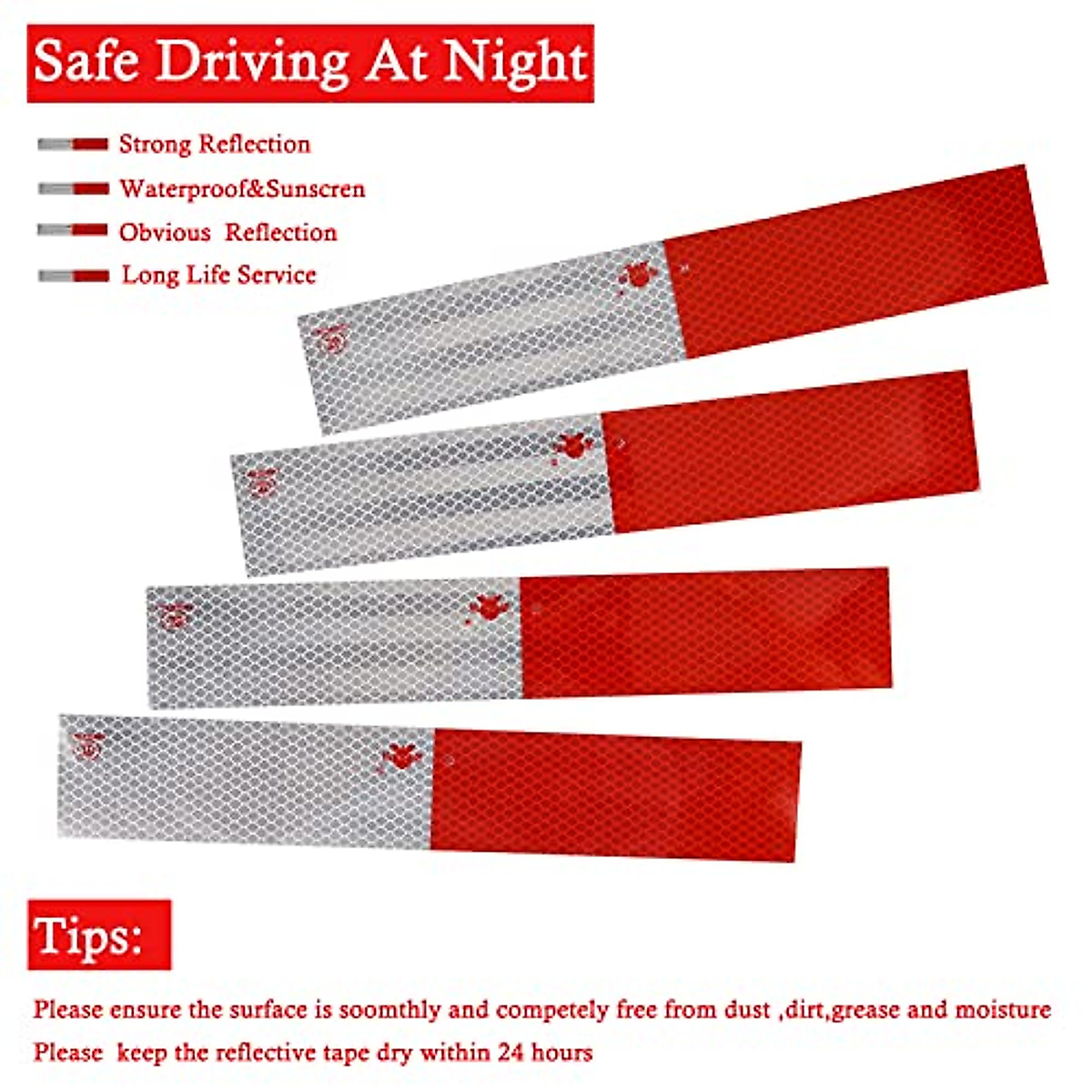 Z-oneMart 20Pcs Red White Micro Prismatic Sheeting Reflective Tape 2" X 12' Waterproof Reflector Tape Self-Adhesive Reflector Sticker Conspicuity Safety Warning Tape for Truck Trailer Pickup
