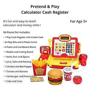 FS Pretend Play Cash Register Toy with True Barcode Scanner & Calculator, Microphone, Play Food, Supermarket Cashier, Great Pre-School Gift Cash Register for Kids Boys & Girls, Ages 3 4 5 6 8