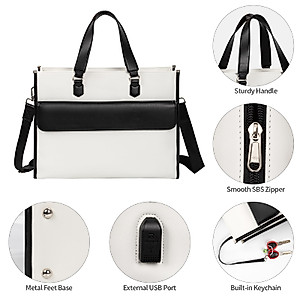Laptop Bag for Women, Laptop Tote Bag 17 Inch, Waterproof Leather Computer Tote Bag with USB Charging Port, Women Briefcase Business Office Work, Large Capacity Handbag Shoulder Bag White