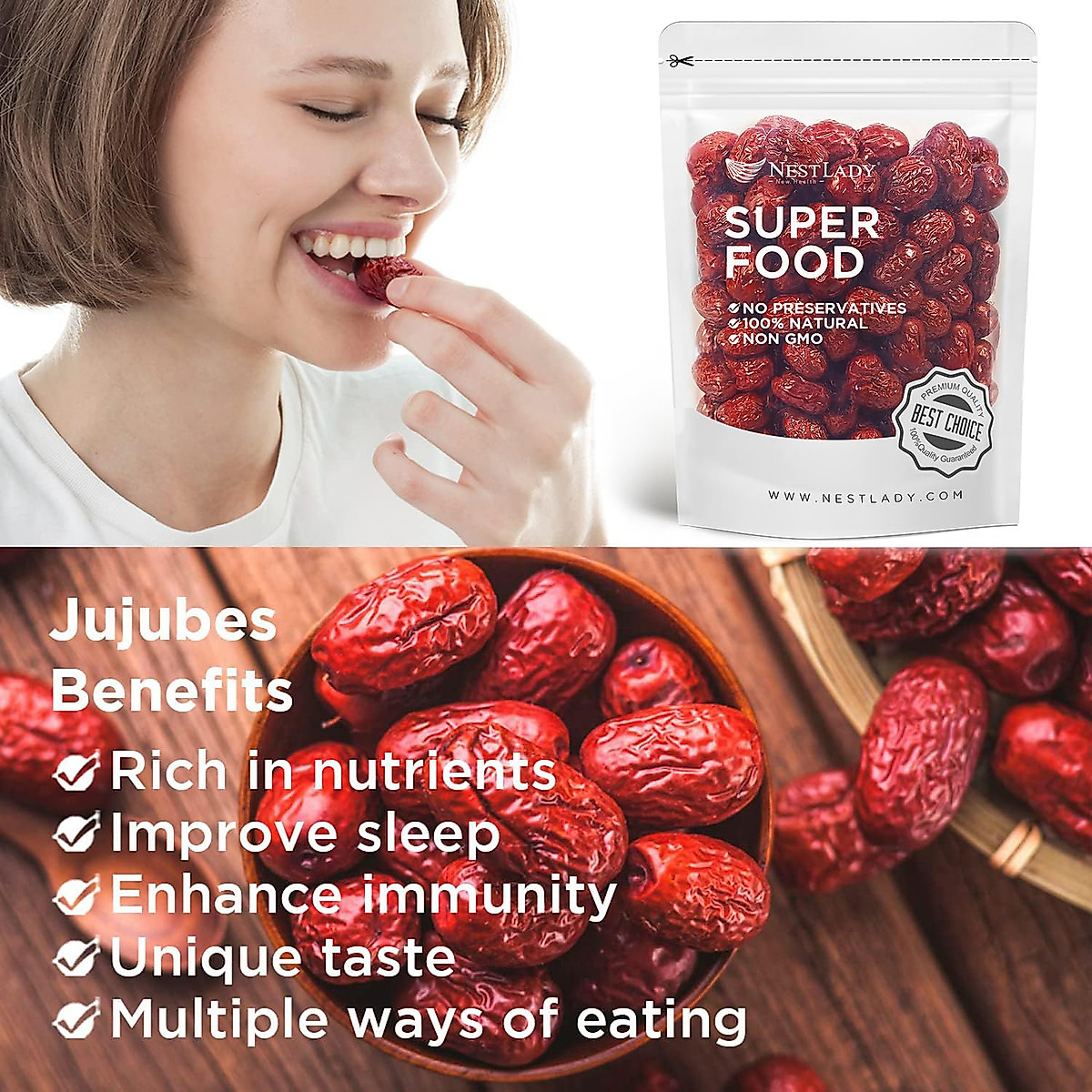 NESTLADY Jujube Date, Red Date, 100% Natural, Improve sleep, Health Snack, Dried Fruit, Sweet and Chewy Net weight: 454g (1LB),Packed in USA…
