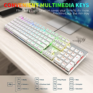 HUO JI E-Yooso Z-88 RGB Mechanical Gaming Keyboard USB Wired, Customizable RGB Backlit, Blue Switches - Clicky, Metal Panel, 104 Keys for Mac, PC, Silver+White