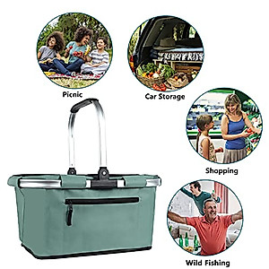 SIYUAN Picnic Basket, 22L Folding Shopping Basket Strong Aluminum Frame Camping Grocery Bags, Leak-Proof Travel Basket Easy Storage Market Basket,1 Pack,Green