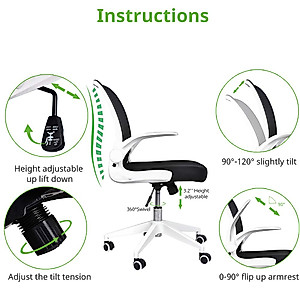 BINGTOO Ergonomic Office Chair with Lumbar Support, Foldable Mesh Backrest Computer Desk Chair for Home Office - Adjustable Height with Flip-up Arms and Wheels (Black)