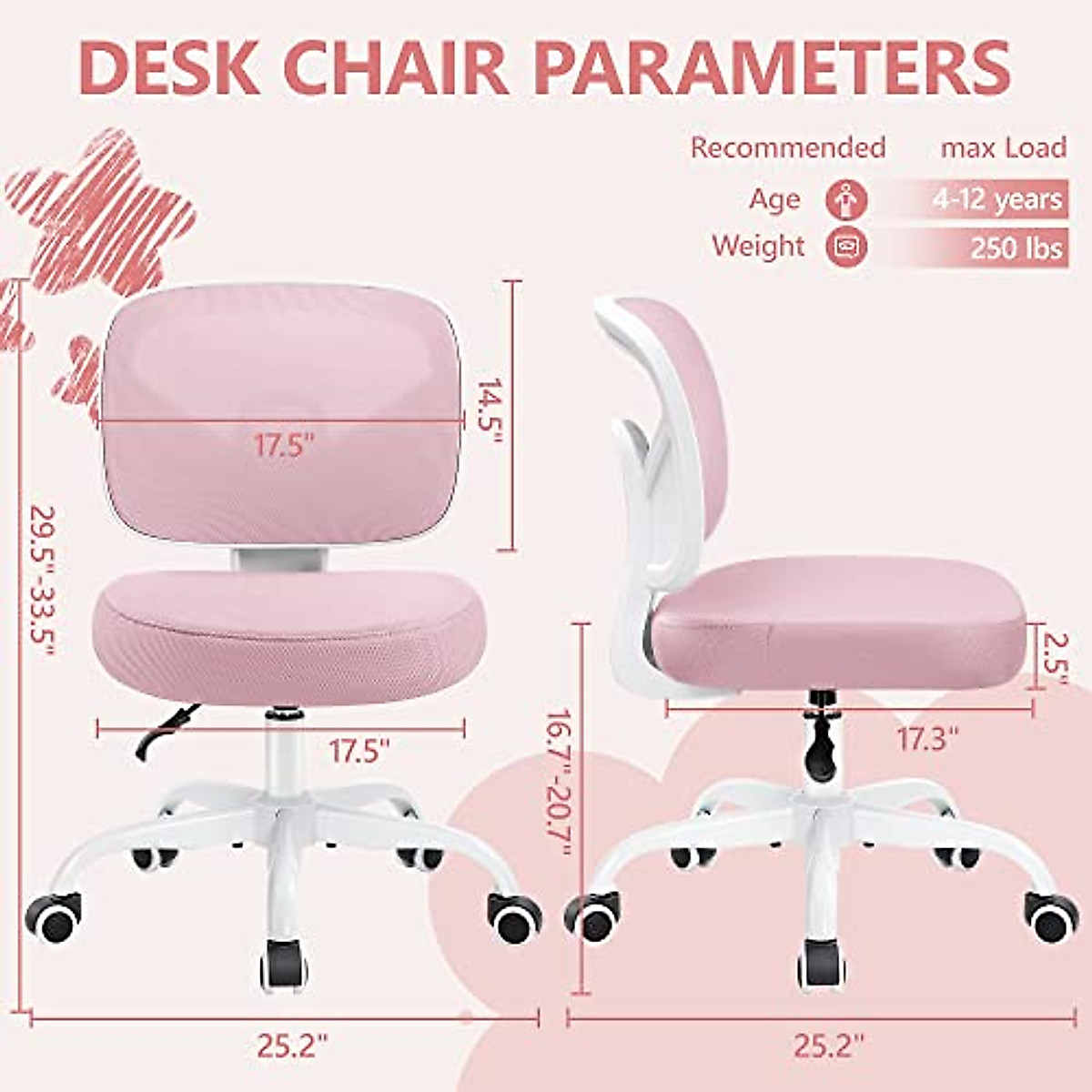 Primy Kids Desk Chair, Pink Study Chair for Boys Girls with Height Adjustable, Swivel Mesh Task Student Chairs for 4-12, Growing Teen Office Chair for Home/School/Office (Pink)