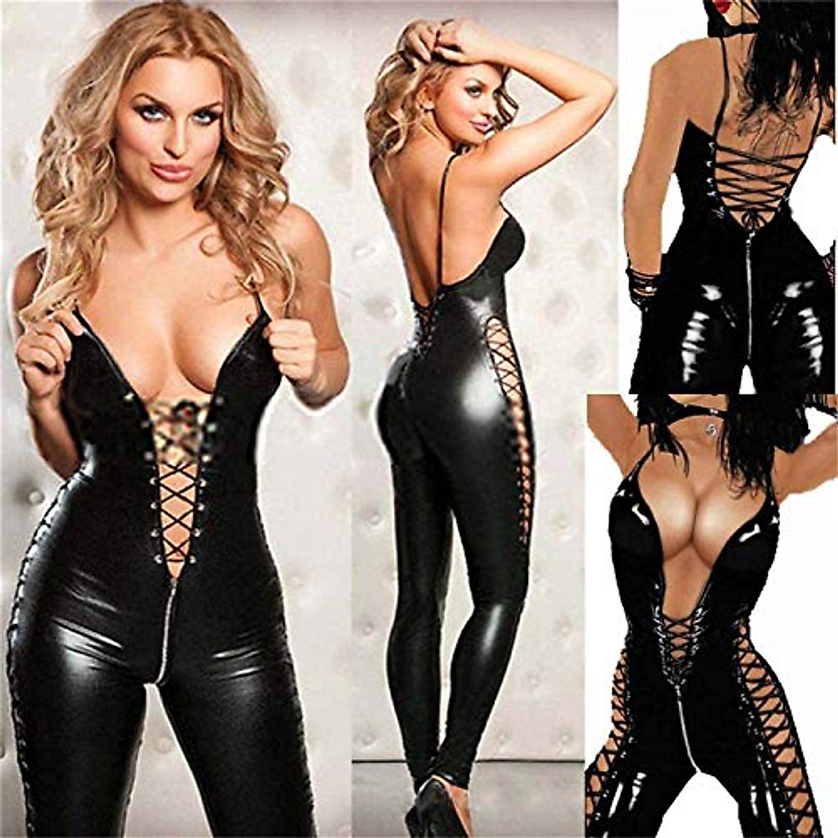 SMGZC, Womens Sexy Catsuit Sleeveless Zip Nightclub Jumpsuit Sexual Lingerie Latex Sexy Leather Jumpsuit (M), Black, Medium