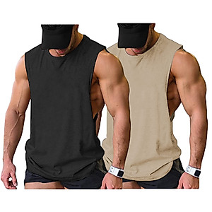 COOFANDY Mens Gym Tanktop Athletic Workout Muscle Bodybuilding T Shirt Black/Light Khaki(2pcs) X-Large Sleeveless