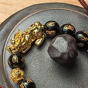 Feng Shui 14mm Black Hand Carved Mantra Beads Bracelet with 1 Golden Pi Xiu/Pi Yao and 1 Golden Mantra Bead Attract Lucky Wealthy