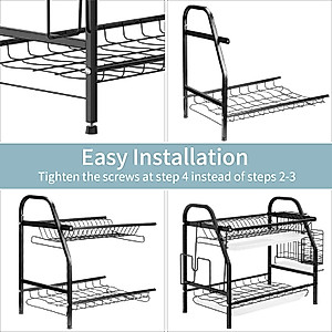 alvorog 2-Tier Dish Drying Rack with Utensil Holder and Cutting Board Holder, Stainless Steel Dish Rack with Removable Drain Boards Large Capacity Dish Drainer Kitchen Organizer for Countertop (Black)