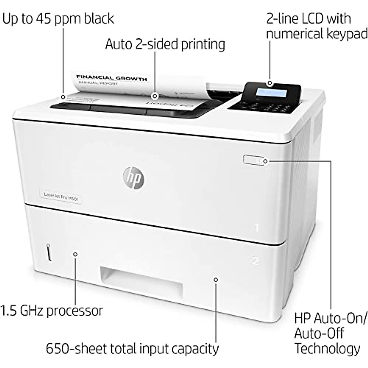 HP Laserjet Pro M501dn Monochrome Laserjet Printer, Automatic 2-Sided Printing, 2-line LCD Display, 650-Sheet, 45 ppm, Built-in Ethernet and USB, Auto-On/Auto-Off, Bundle with JAWFOAL Printer Cable