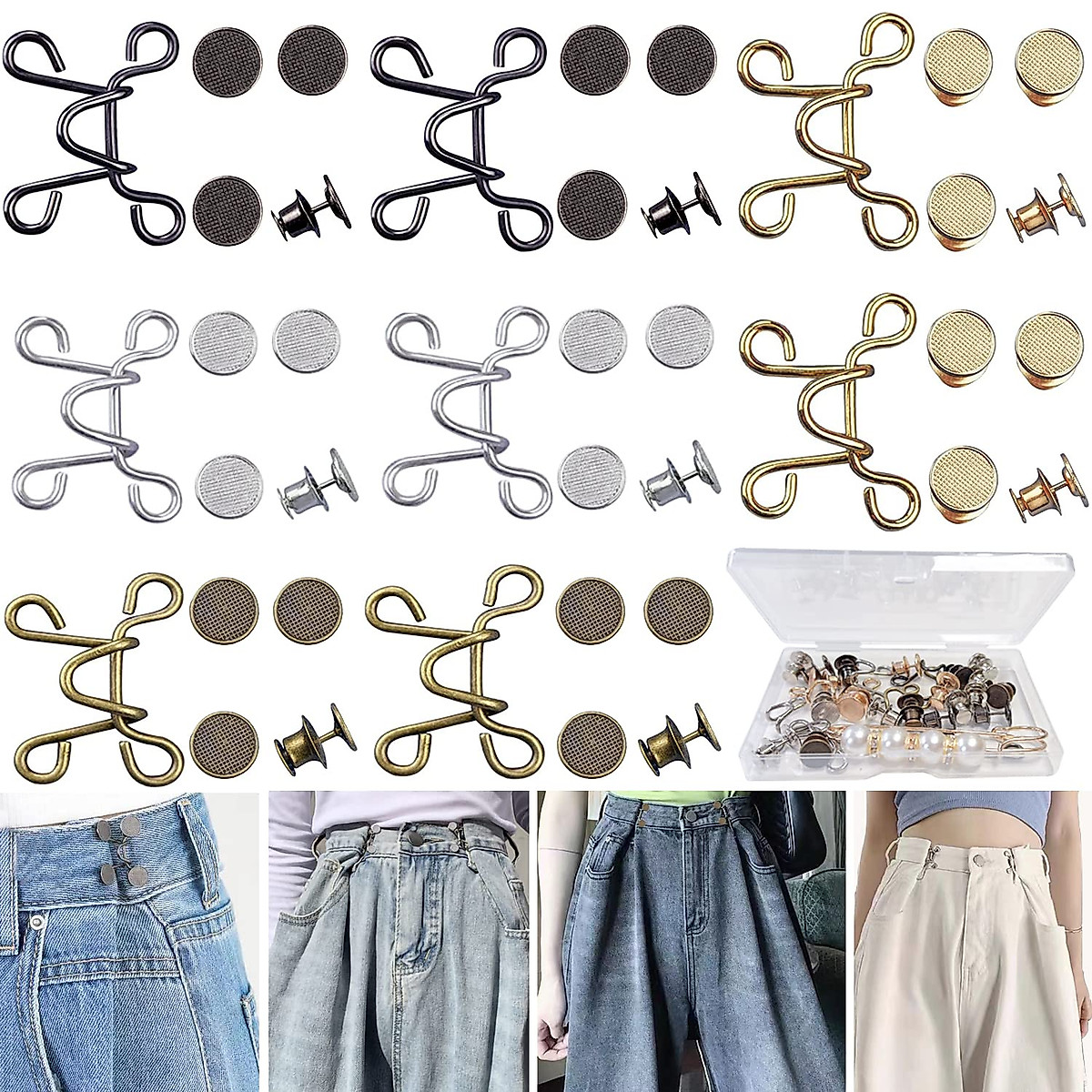 48 Pieces Adjustable Waist Buckle Extender Set, 8 Set 4 Style Jean Button Pins No Sewing Required Pants Clips for Waist, Pant Waist Tightener for Jeans Dress Perfect Fit Instant Button (Stylish Style)