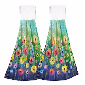 Spring Floral Flowers Kitchen Hanging Towel 12 x 17 Inch Summer Rainbow Daisy Poppy Hand Tie Towels Set 2 Pcs Tea Bar Dish Cloths Dry Towel Soft Absorbent Durable for Bathroom Laundry Room Decor