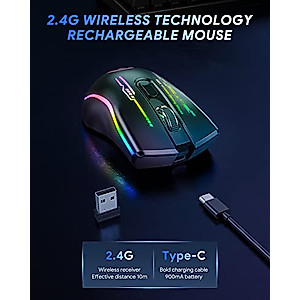 TECURS Gaming Mouse Wireless Gaming Mouse,USB Optical Computer Mouse Mice with 5 LED Lights,Rechargeable Gamer Mouse,4800 DPI for Laptop PC Gamer Desktop Chromebook Mac,Black