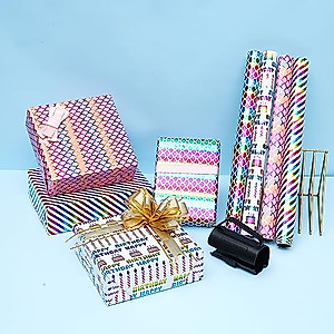 THMORT Mermaid Wrapping Paper Roll with a Cutter Kit for Girls&Boys,Kids Birthday Adults, Princess Pink Barbies 17 Inch X 120 Inch Gift Wrapping Paper Colorful Rainbow Happy Birthday wrapper.