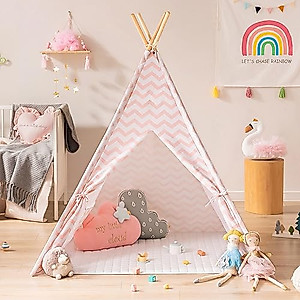 Tiny Land Kids Teepee with Mat and Star Lights, Teepee Tent for Girls Aged 3+, Cotton Girls Play Tent, Foldable Toddler Tent Indoor, Best Gift for Girls (Pink)