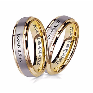 Personalized Stainless Steel Brushed Silver & Gold Ring Set Custom Engraved Free - Ships from USA
