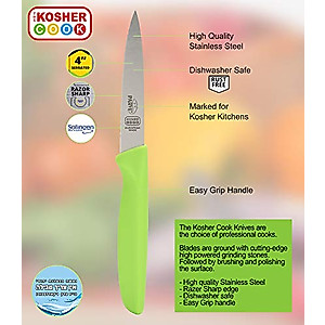 The Kosher Cook Parve Green Kitchen Knife - 4” Steak and Vegetable Knife - Razor Sharp Pointed Tip, Serrated Edge - Color Coded Kitchen Tools
