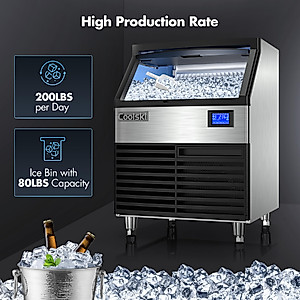 Coolski Commercial Ice Maker Machine 200LBS/24H, 26’’ Under Counter Ice Machine with 80LBS Storage Capacity, Stainless Steel Ice Maker for Restaurant/Bar/Home, Air Cooled/Clear Ice Cubes/ETL Approved