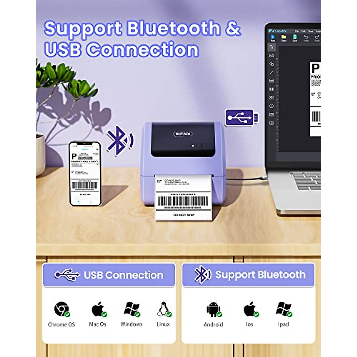 Bluetooth Shipping Label Printer 4X6 - Wireless Thermal Label Printer for Shipping Packages & Small Business - Thermal Shipping Label Printer Support with Phone, Compatible with Etsy , Shopify, UPS