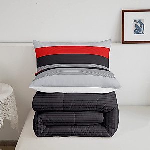 Erosebridal Stripes Duvet Insert for Women, Gray and Black Red Patchwork Striped Bedding Set, Modern Abstract Art Comforter Set Ombre Bright Gray Stripes Quilt Farmhouse Decorations, Queen Size