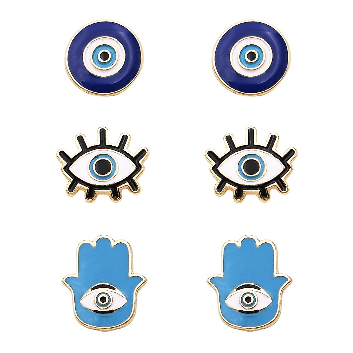 Rosemarie & Jubalee Women's Set of 3 Enamel Coated Protective Talisman Evil Eye Hamsa Post Back Stud Earrings (Blue)
