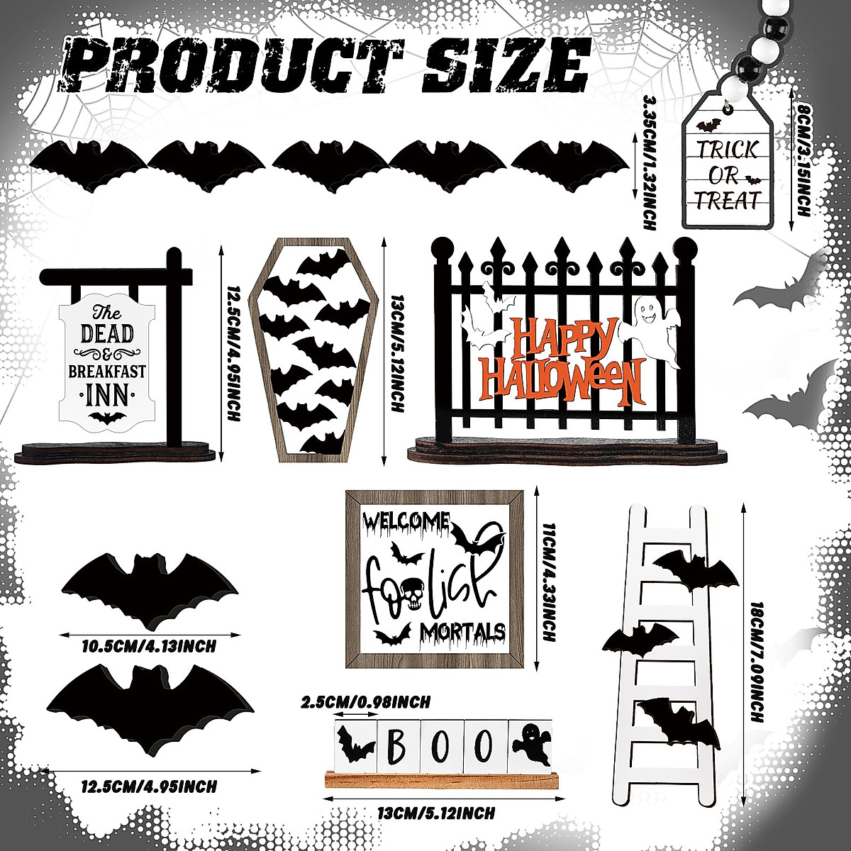 Umigy 15 Pcs Halloween Tiered Tray Decor Set Cute Halloween Bat Wooden Signs Farmhouse Rustic Tiered Tray Decoration Items for Home Table Kitchen Halloween Party Supplies