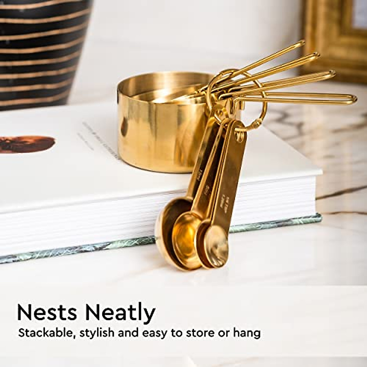 Gold Measuring Cups and Spoons Set - Stackable, Stylish, Sturdy 8-Piece Gold Measuring Cups and Gold Measuring Spoons Set - Cute Measuring Cup Set, Gold Kitchen Accessories, Gold Kitchen Utensils