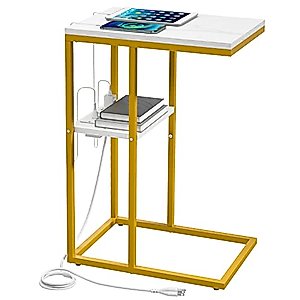 Yoobure C Shaped End Table with Charging Station, Small Side Tables for Living Room, Bedroom, Sofa Table with USB Ports and Outlets for Small Spaces, C Couch Table Rustic Snack Table Bed Side Table