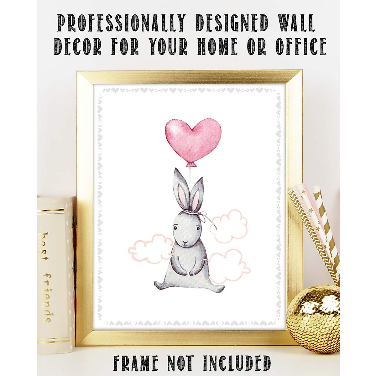 TJ Originals - Children's Nursery Bunny Wall Art - Unframed 11 x 14 Cute Colour Print - Makes a Great Gift for Family and Friends - Unique New Baby Gift, Under $20 Gift (Bunny Pink Balloon)