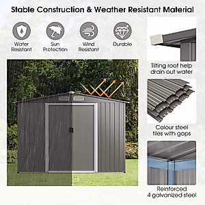 Goplus Outdoor Storage Shed, 8.5’ x 6.8’ x 6’ Weather-Resistant Utility Tool Organizer w/Foundation, 4 Louvers, Double Doors & Ramp, Galvanized Steel Tool Shed for Garden, Lawn, Yard