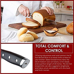 Saken Serrated Bread Knife 10 Inch - High-Carbon German Steel Serrated Knife with Ergonomic Black Pakkawood Handle and Full-Tang Design - Long Bread Knife Slicer Great for sourdough