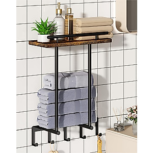 Godboat Towel Racks for Bathroom - Towel Holder with Wooden Shelf, 5 Hooks Bathroom Organizers and Storage Near Towel Warmer, Wall Mounted for Rolled Towels, Gifts for Women, Mom, Mothers Day (21")