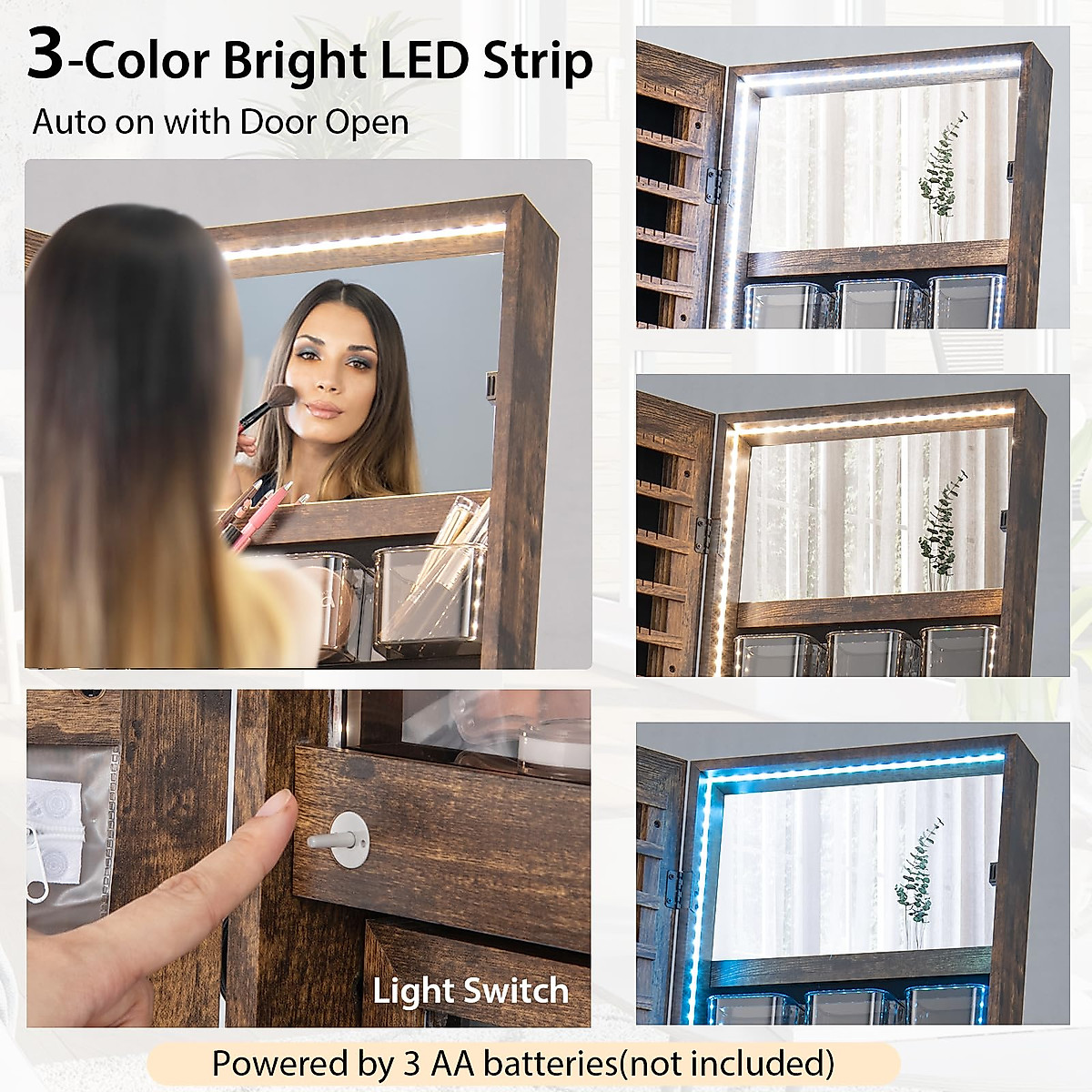 CHARMAID LED Strip Jewelry Armoire with Full Length Mirror, Lockable Jewelry Cabinet Organizer with 3-Color Lights, 3 Brush Boxes, 2 Drawers, Bottom Storage Shelf, Metal Frame (Rustic Brown)