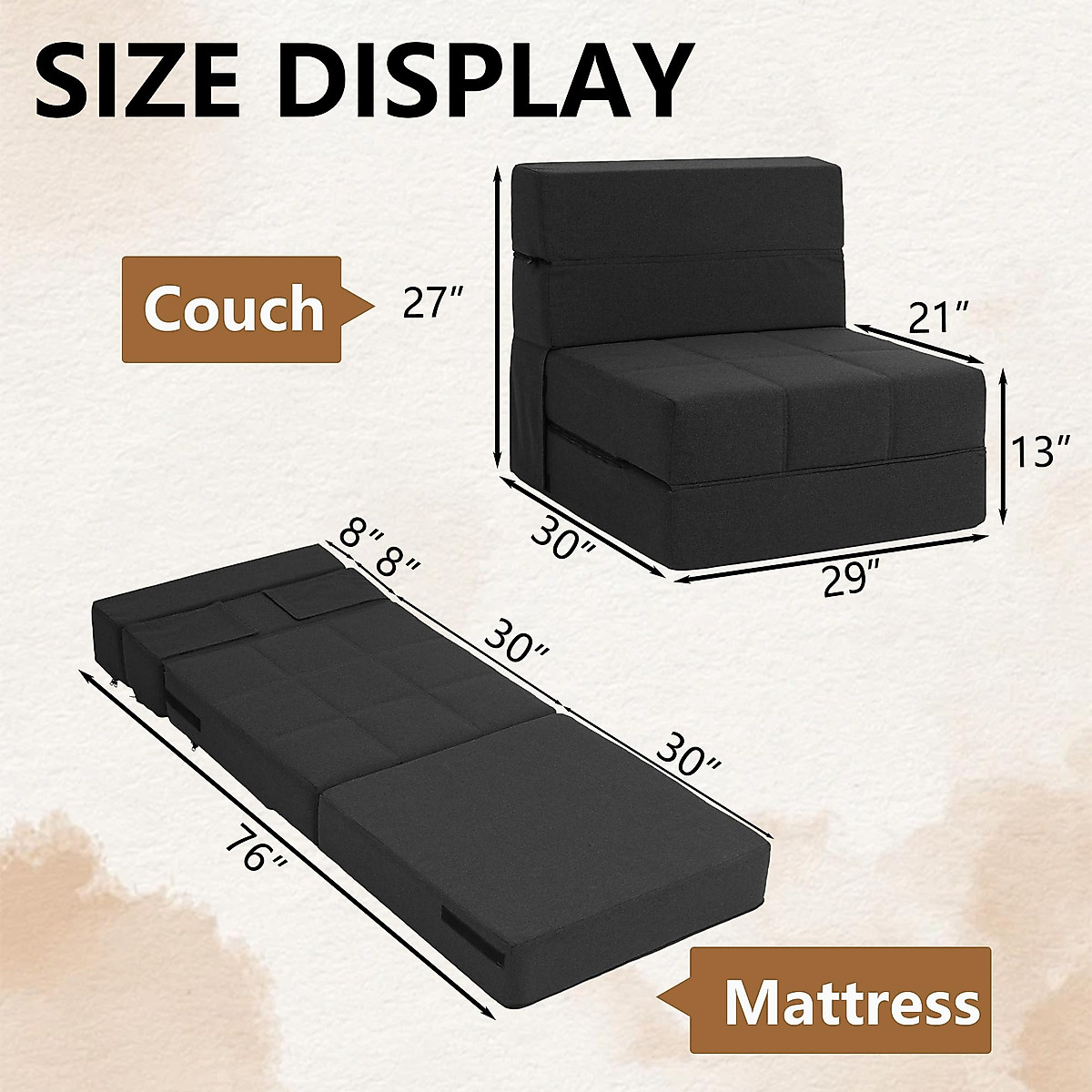 VINYUSE Folding Sofa Bed,Convertible Sleeper Chair Floor Couch,7 inch High Resilience Memory Foam, Futon Sofa Sleeper Chair with Washable Cover for Living Room/Bedroom 76" x 29" x 7", Dark Grey