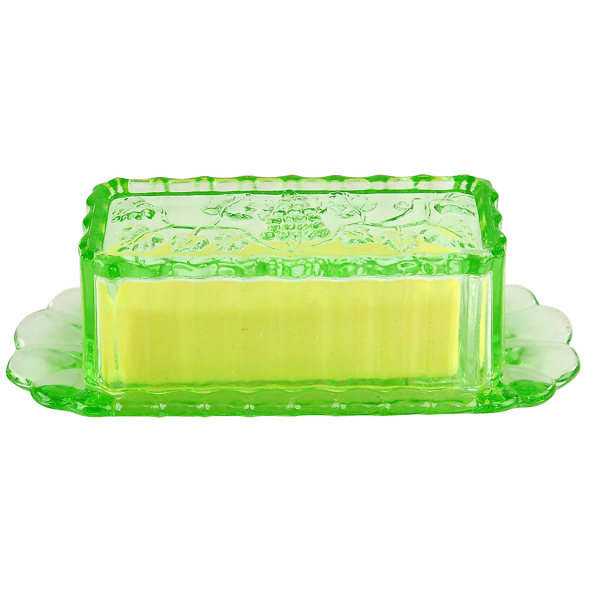 HOME-X Depression Style Glass Butter Dish with Lid and Grape Pattern, Retro Kitchen Decor, Wedding Gift