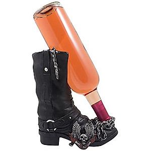 Home 'n Gifts Decorative Black Motorcycle Biker Boot Liquor or Wine Bottle Holder Display Stand with Born to Ride Logo, Skull & Eagle Wings Symbol for Home Bar Decor or Kitchen Counter Wine Racks
