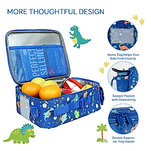 Kids Lunch Box Insulated with 2 Reusable Ice Packs, Large Lunch Bag Soft, Double Insulated, Durable, Water-Resistant Fabric with Zippered Pockets and Bottle Holder, Thermal Meal Tote Kit, Dinosaur