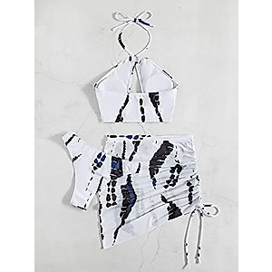 MakeMeChic Women's 3 Piece Swimsuits Halter Cutout Bikini Set Bathing Suit with Cover Up Skirt Black and White S